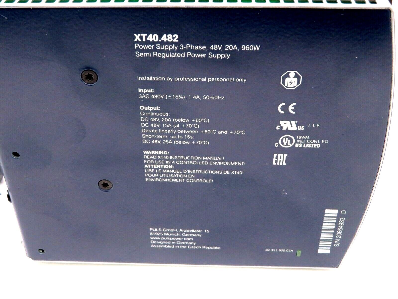 NEW PULS XT40.482 POWER SUPPLY 3-PHASE, 48V, 20A, 960W, XT40482 - SB ...