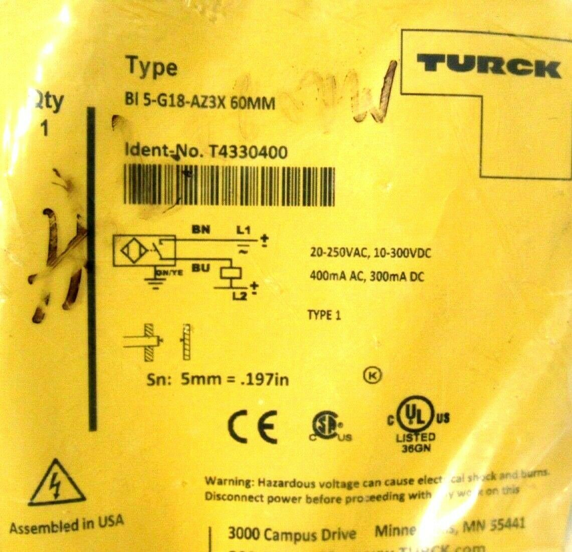 NEW TURCK BI5-G18-AZ3X 60MM PROXIMITY SENSOR T4330400 BI5G18AZ3X60MM ...