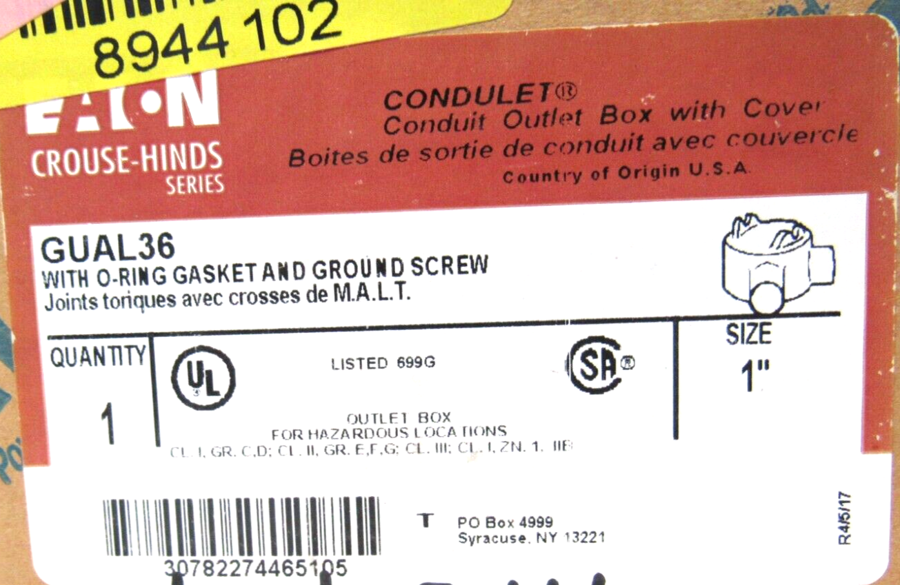 NEW EATON CROUSE HINDS GUAL36 OUTLET BOX 1" - SB Industrial Supply, Inc.