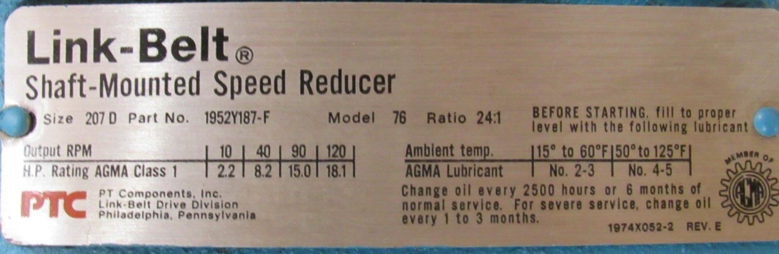 NEW LINK-BELT 1952Y187-F SHAFT MOUNT SPEED REDUCER 24:1 SIZE 207D MODEL ...