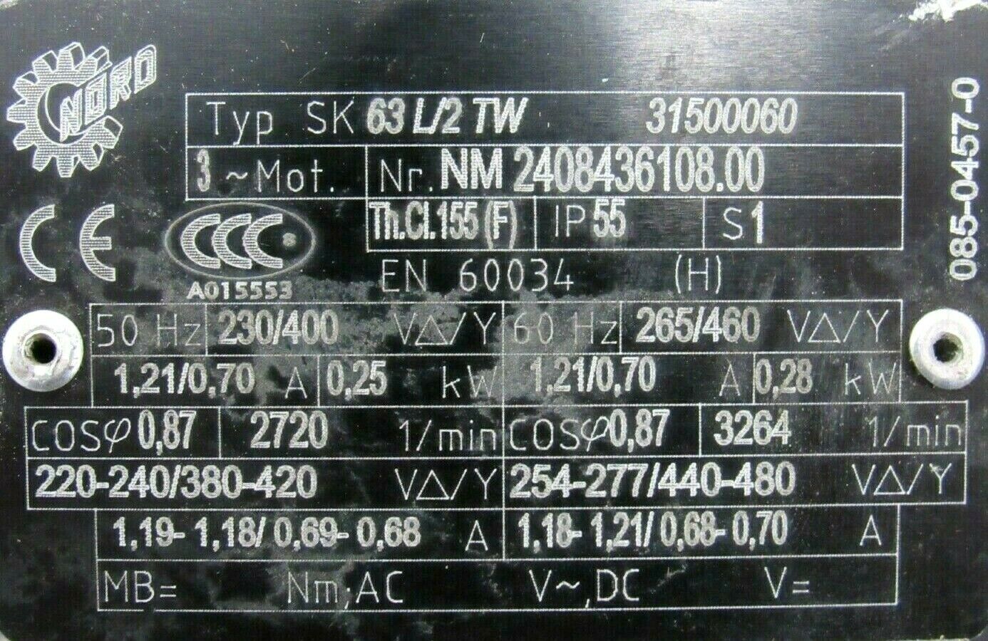NEW NORD 1SIS31VF-IEC63-63L/2 GEAR MOTOR SK63L/2TW 1SIS31VFIEC6363L2 ...