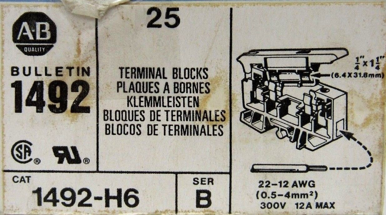 NEW BOX OF 25EA ALLEN BRADLEY 1492-H6 TERMINAL BLOCK SERIES B 1492H6 ...