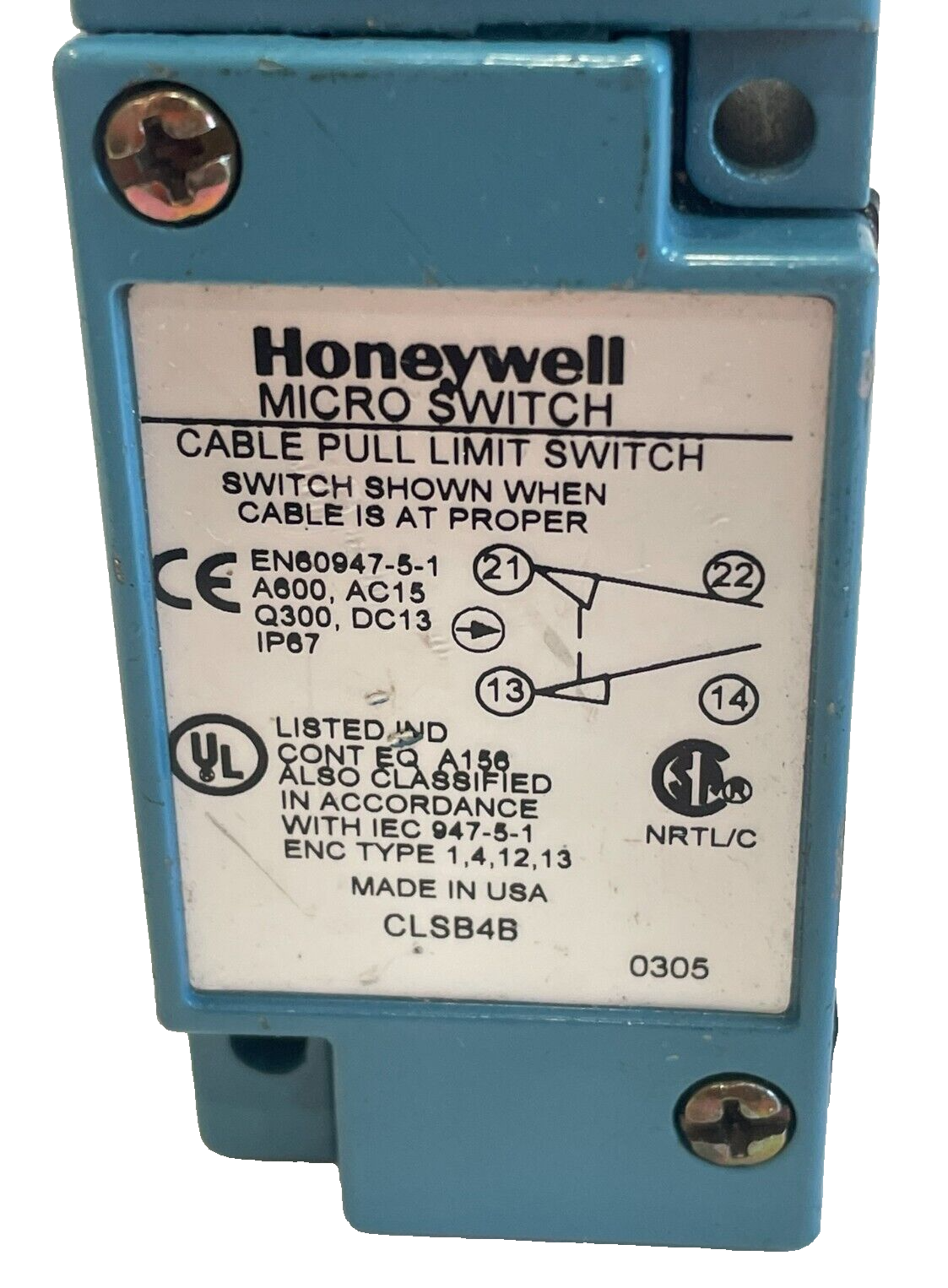NEW HONEYWELL MICRO SWITCH CLSB4B CABLE PULL LIMIT SWITCH - SB ...
