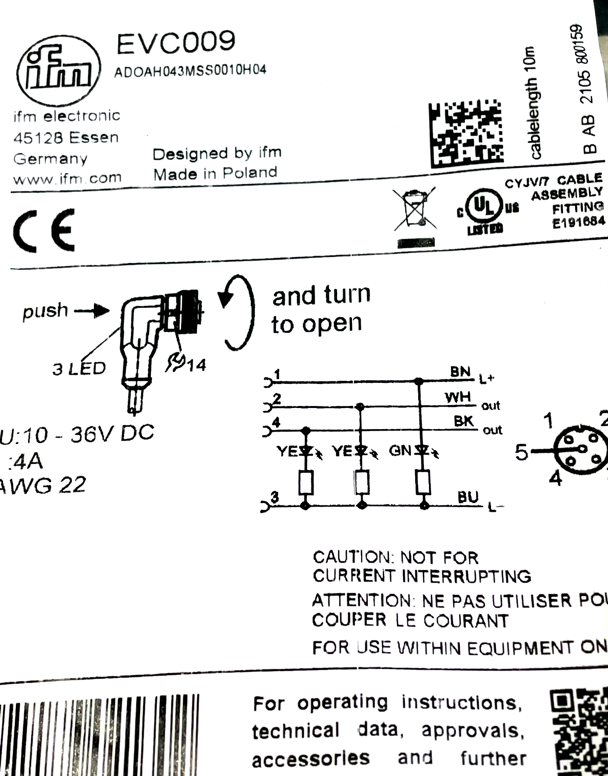 NEW IFM EFECTOR ADOAH043MSS0010H04 EVC009 CONNECTING CABLE WITH SOCKET ...