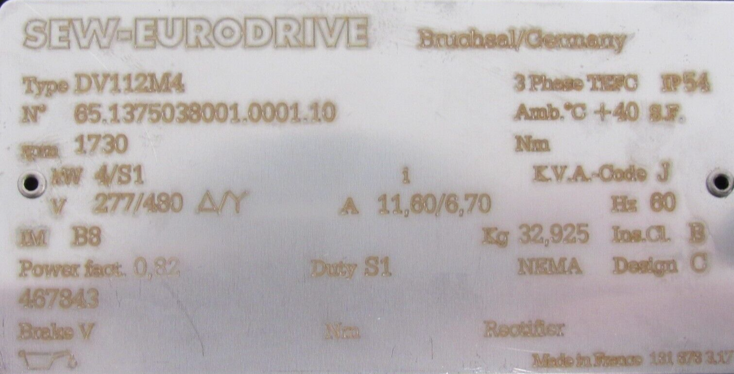 NEW SEW EURODRIVE DV112M4 MOTOR 1730 RPM 277/480V - SB Industrial ...