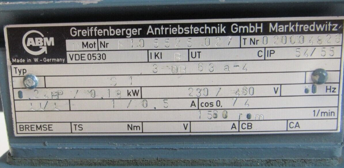 REPAIRED VDM ABM VDE0530 MOTOR F1.05525.027 0.24HP - SB Industrial ...