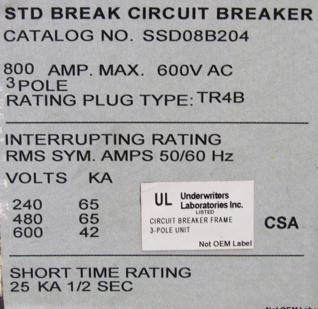 USED GENERAL ELECTRIC SSD08B204 POWER BREAK II BREAKER 800A - SB ...