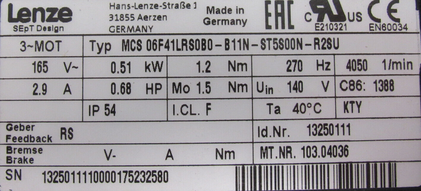 USED LENZE MCS 06F41LRS0B0-B11N-ST5S00N-R2SU SERVO MOTOR (SEE PICTURES ...