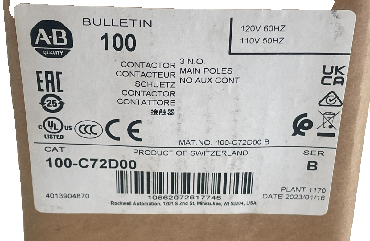 ALLEN BRADLEY 100-C72D00 CONTACTOR SER. B 100C72D00 NEW, SURPLUS - SB ...