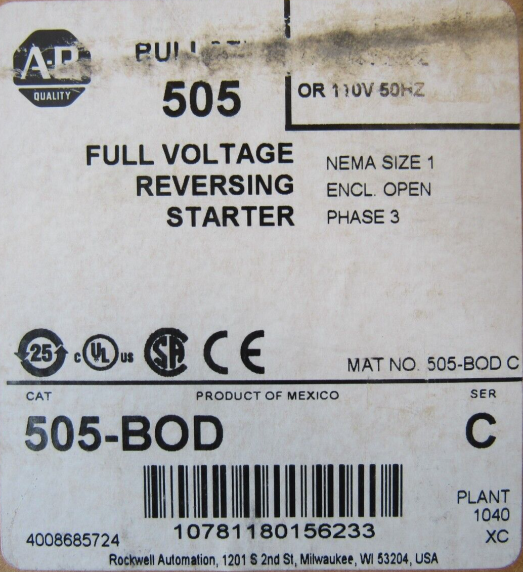 ALLEN BRADLEY 505-BOD REVERSING STARTER SIZE 1 SER.C 505BOD NEW SURPLUS ...