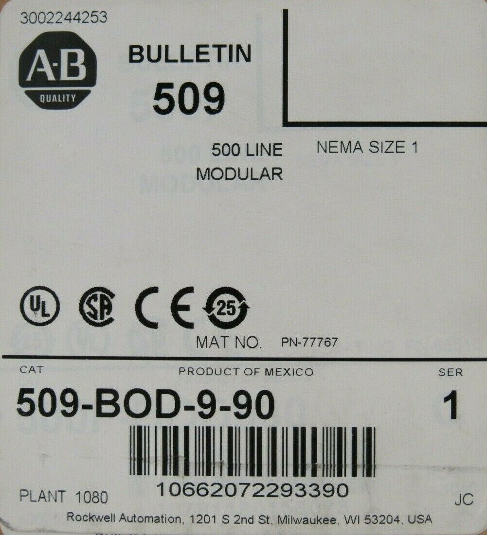NEW ALLEN BRADLEY 509-BOD-9-90 STARTER SIZE 1 SER.1 509BOD990 - SB ...