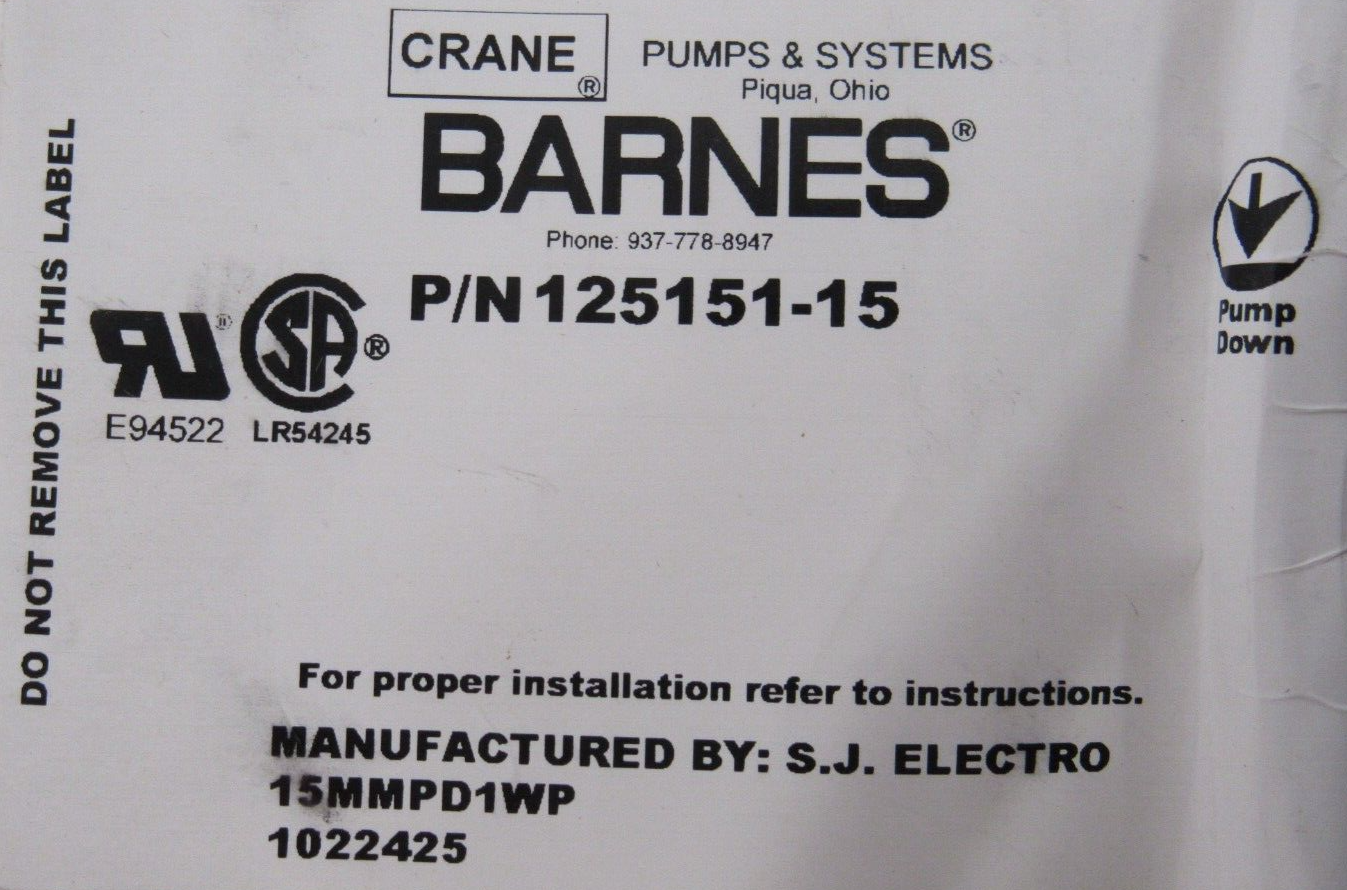 NEW BARNES 125151-15 FLOAT SWITCH 12515115 15' 125V 12515115 - SB ...
