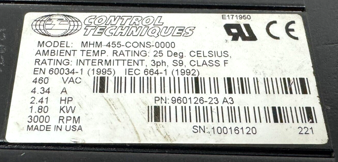 NEW CONTROL TECHNIQUES MHM-455-CONS-0000 SERVO MOTOR 960126-23 A3 - SB ...