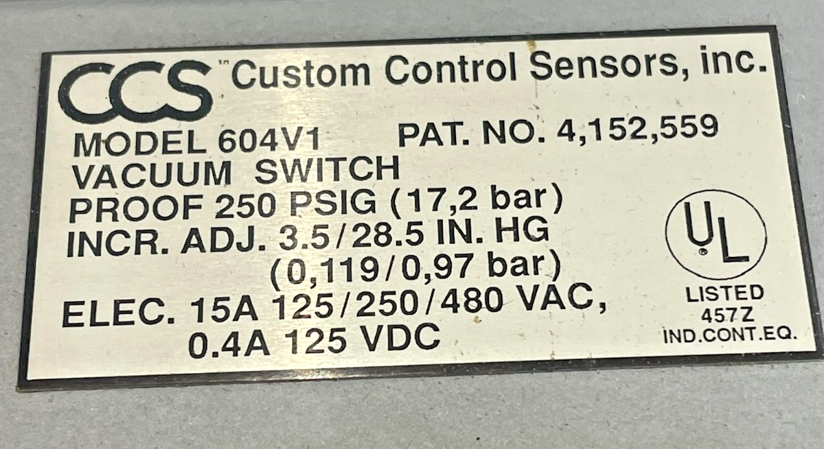 NEW CUSTOM CONTROL SENSORS 604V1 VACUUM SWITCH - SB Industrial Supply, Inc.
