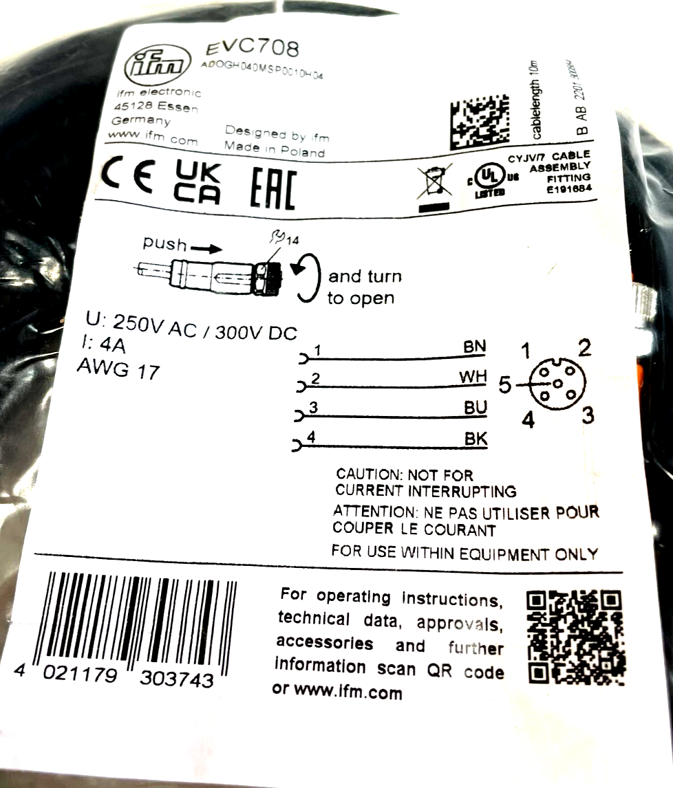 NEW IFM ELECTRONIC ADOGH040MSP0010H04-EVC708 FEMALE CORDSET EVC708 LOT ...