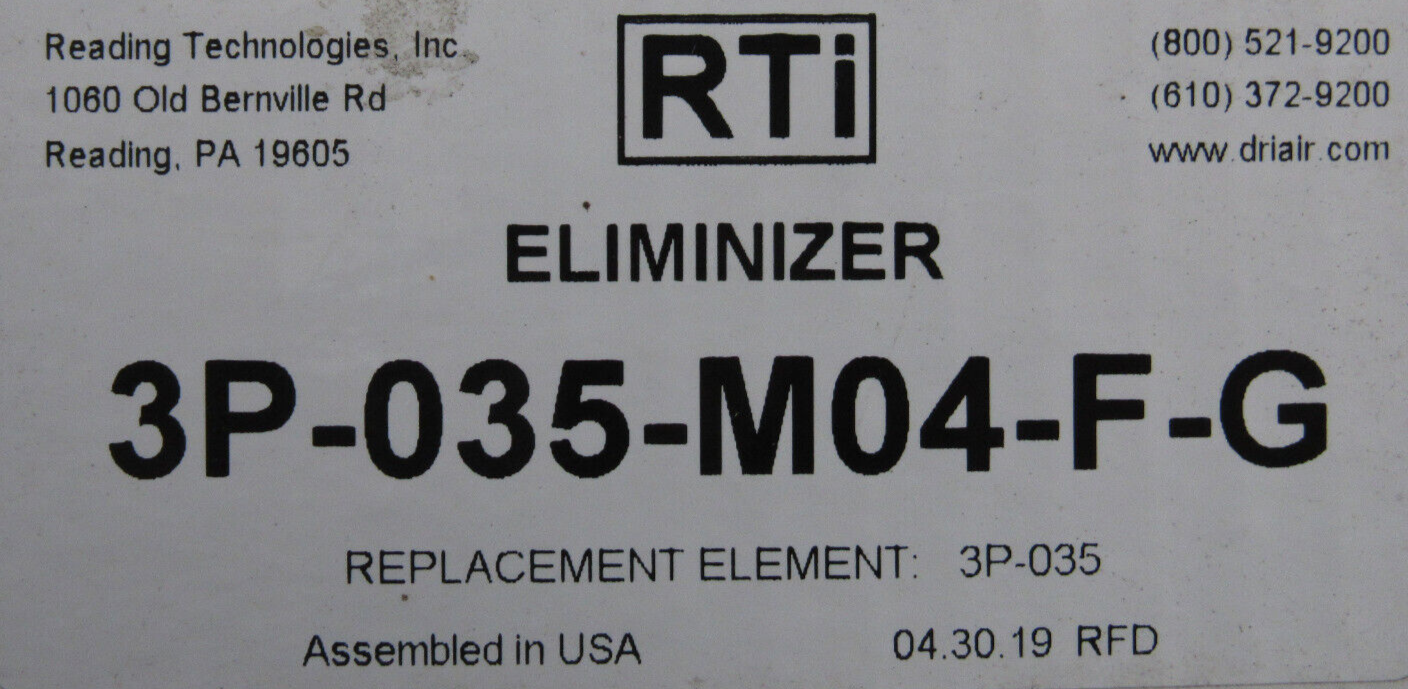 NEW READING TECHNOLOGIES 3P-035-M04-F-G ELIMINIZER 35 SCFM 1/2 ...