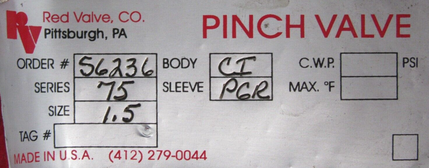 NEW RED VALVE 56236 MANUEL PINCH VALVE 1-1/2" SERIES 75 - SB Industrial ...
