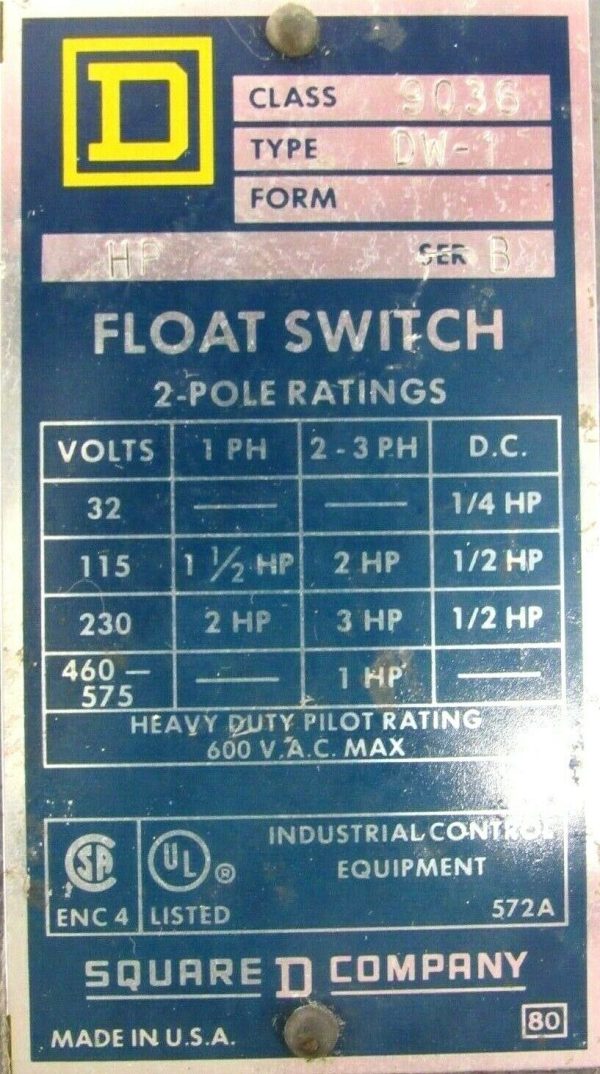 NEW SQUARE D 9036-DW-1 FLOAT SWITCH 9036DW1 - SB Industrial Supply, Inc.