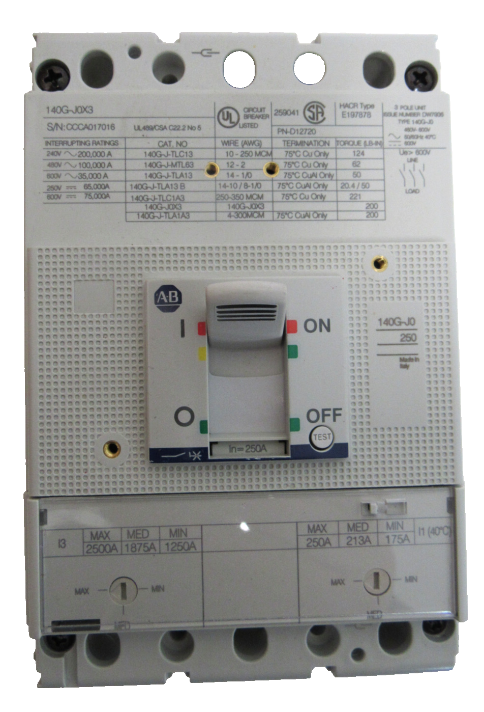 ALLEN BRADLEY 140G-J0F3-D25 CIRCUIT BREAKER 250A SER.A 140GJ0F3D25 (NEW ...
