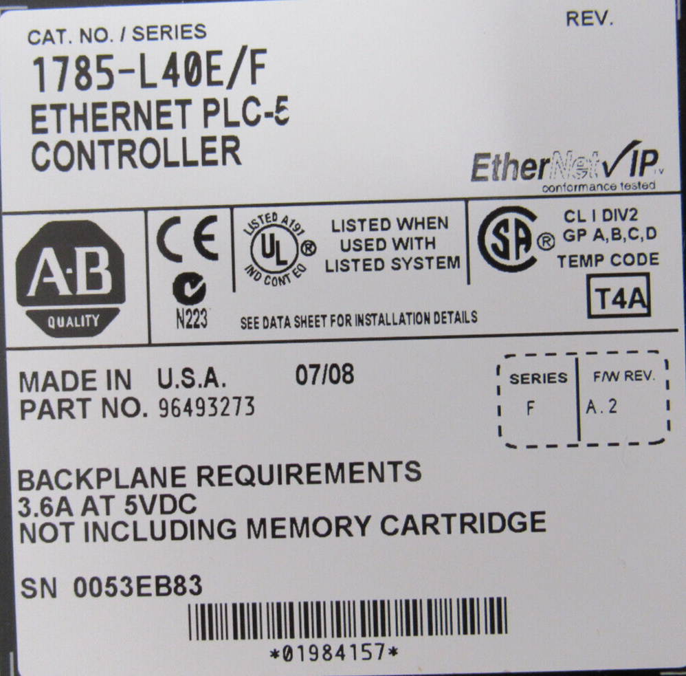 ALLEN BRADLEY 1785-l40E / F PROCESSOR MODULE SER.F 1785l40E NEW SURPLUS ...