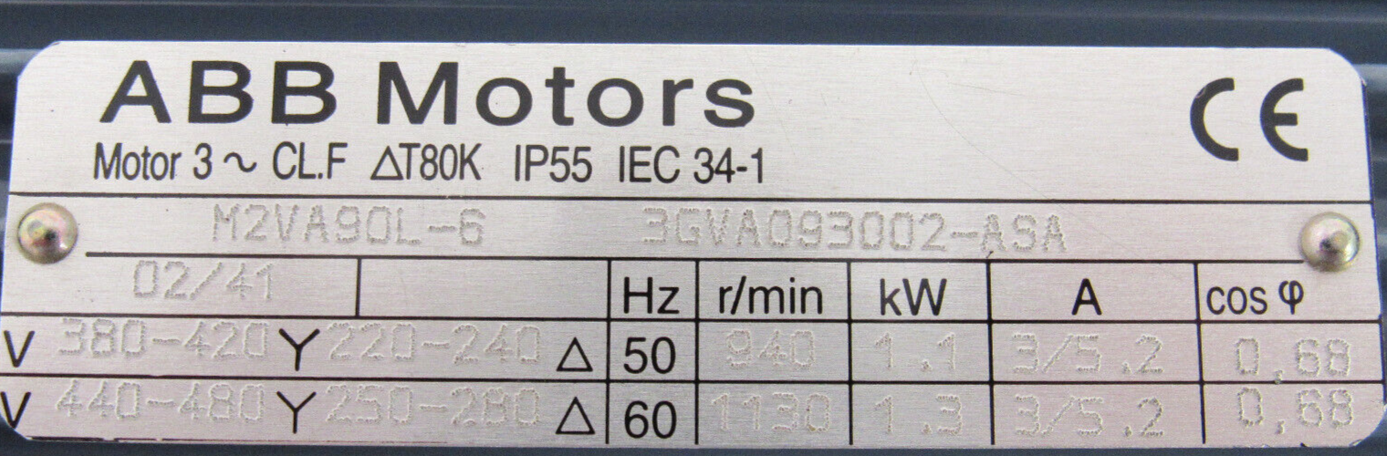 NEW ABB MOTORS M2VA90L-6 MOTOR 440/480V 250/280V 3GVA093002-ASA - SB ...