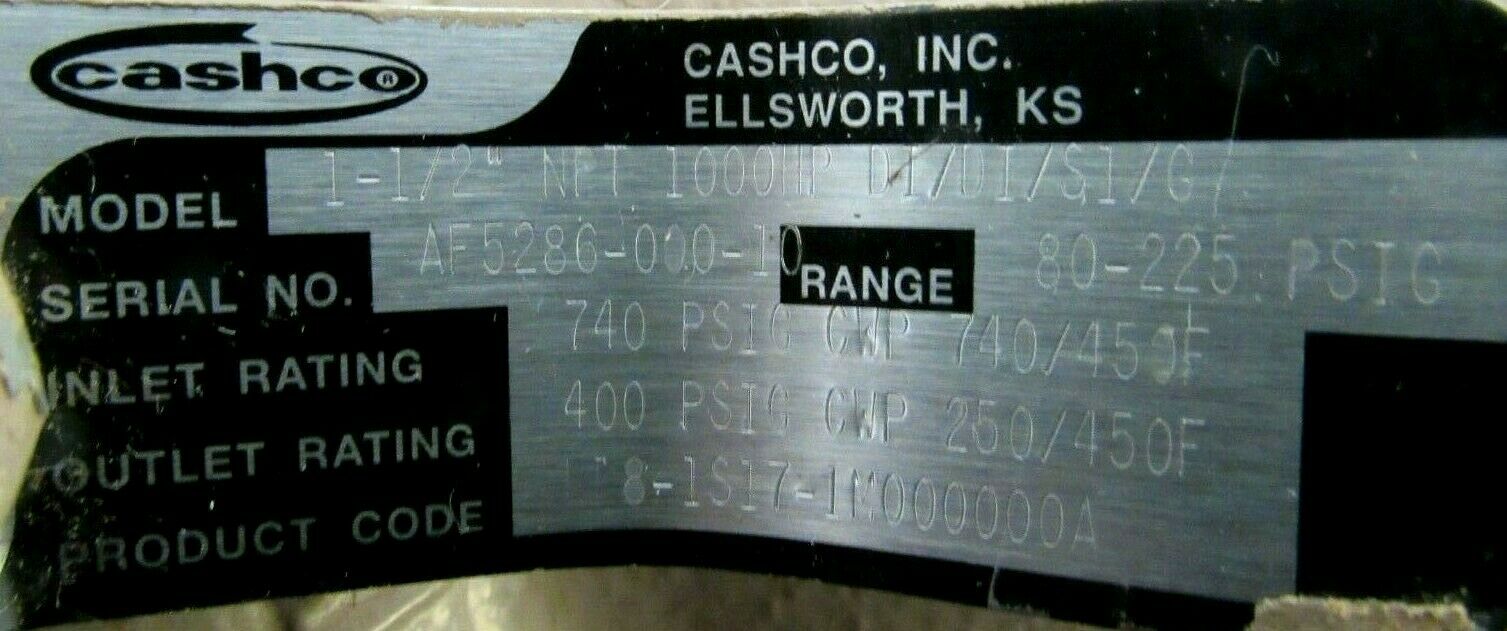 NEW CASHCO 1-1/2" NPT 1000HP DI/DI/S1/G PRESSURE REGULATOR 8-1S17 ...
