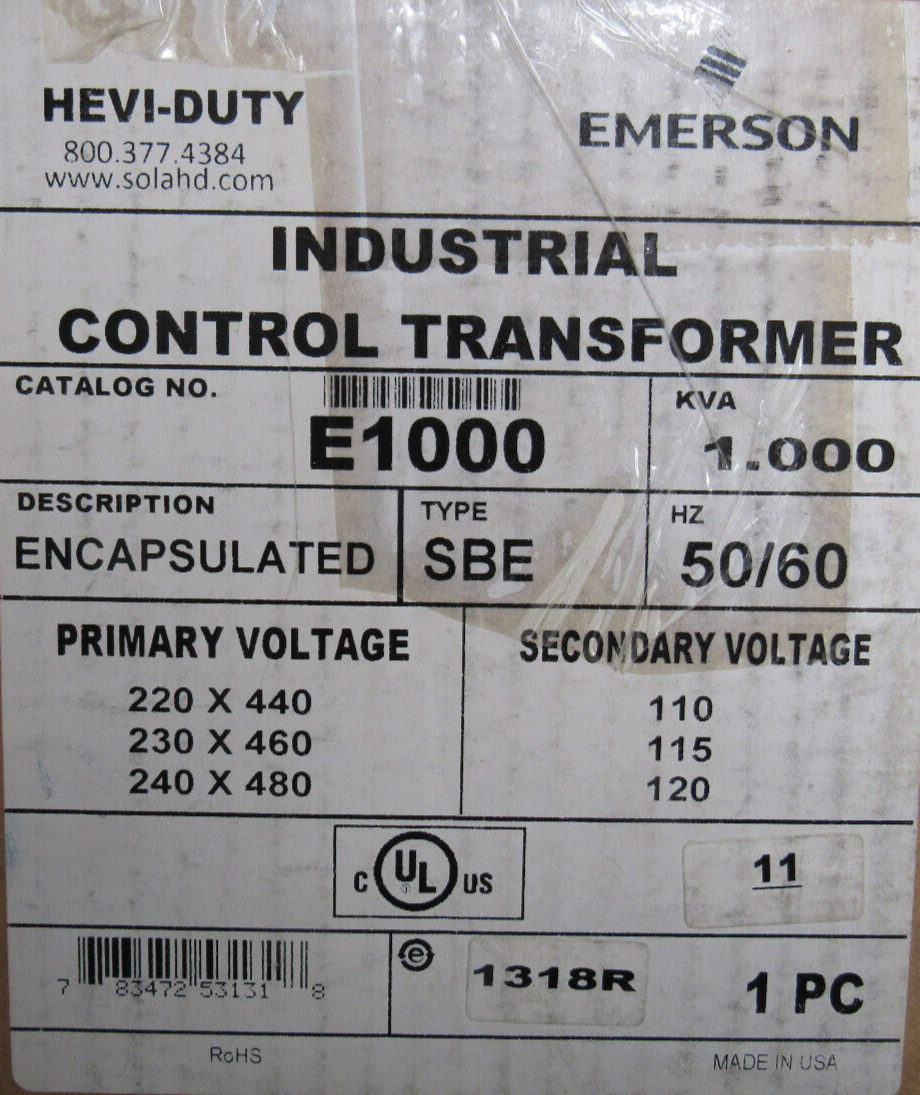 NEW EMERSON E1000 CONTROL TRANSFORMER 1KVA - SB Industrial Supply, Inc.