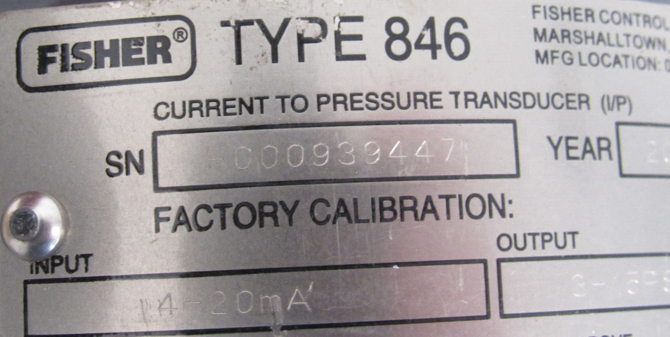 NEW FISHER 846 CURRENT TO PRESSURE TRANSDUCER 3-15 PSI - SB Industrial ...