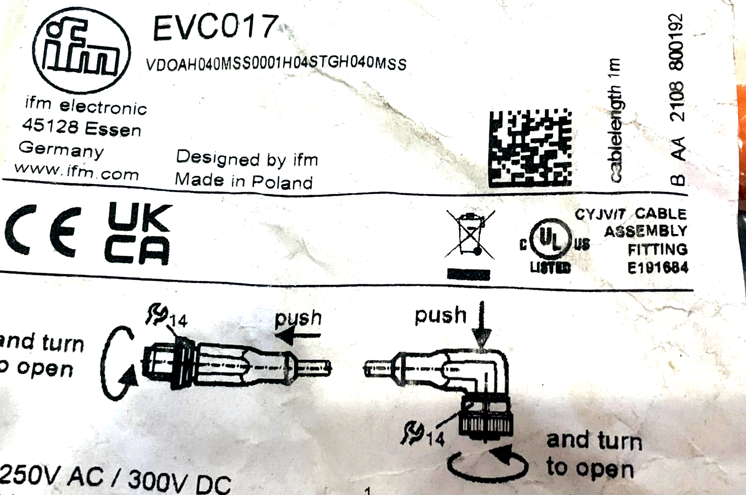 NEW IFM EFECTOR VDOAH040MSS0001H04STGH040MSS EVC017 CABLE 1M LOT OF 2 - SB Industrial Supply, Inc.