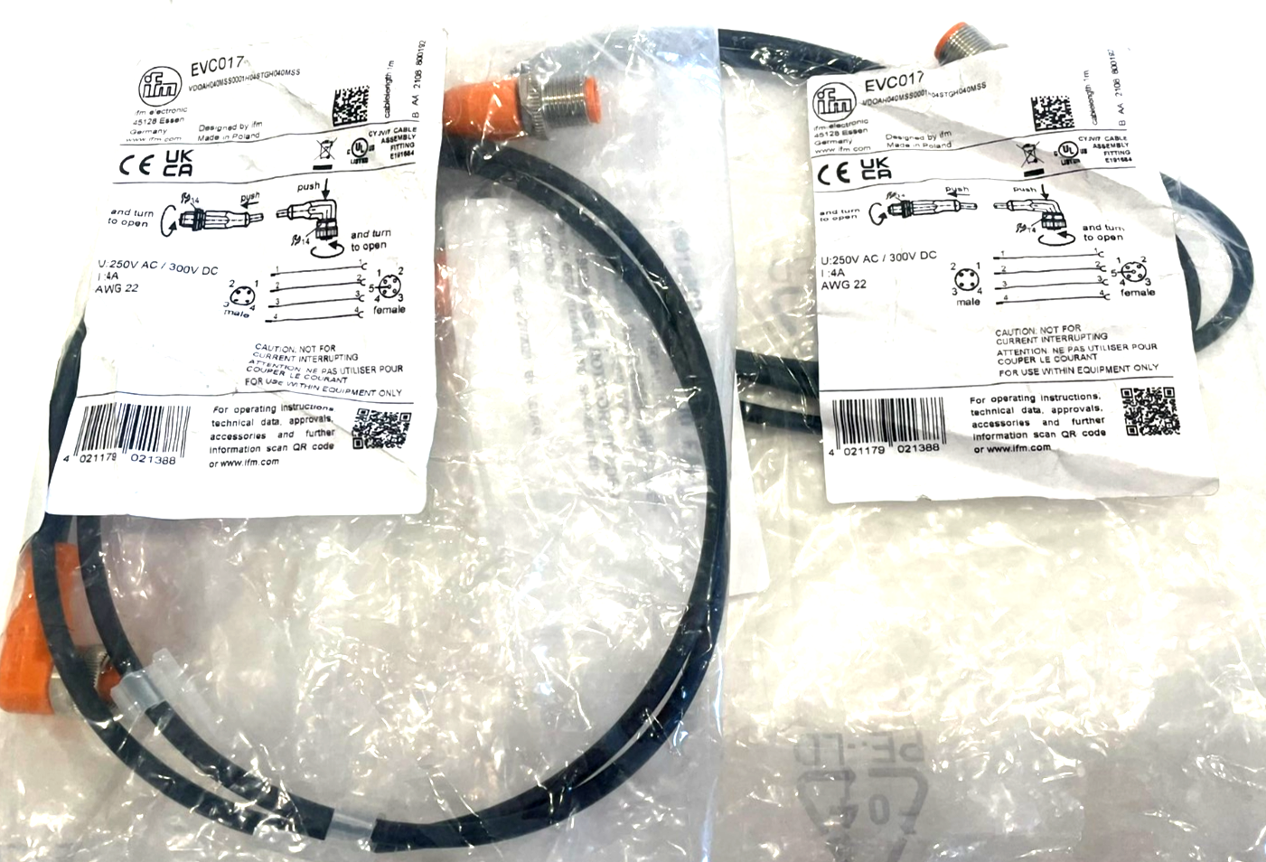 NEW IFM EFECTOR VDOAH040MSS0001H04STGH040MSS EVC017 CABLE 1M LOT OF 2 - SB Industrial Supply, Inc.