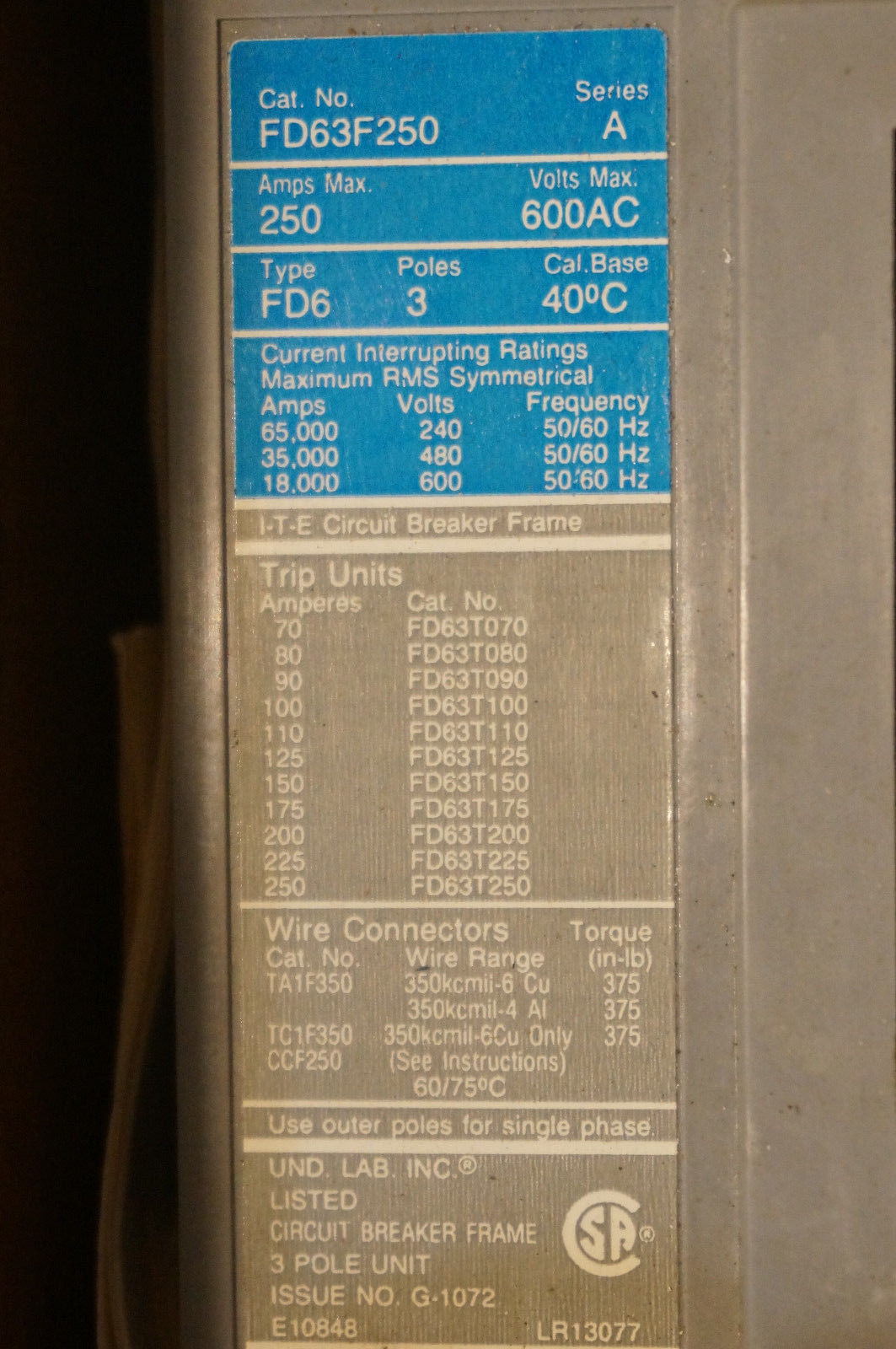 NEW ITE SIEMENS FD63F250 CIRCUIT BREAKER SER.A - SB Industrial Supply, Inc.