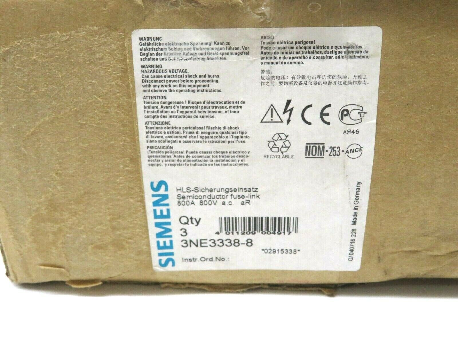 NEW LOT OF 3 SIEMENS 3NE3338-8 SITOR SEMICONDUCTOR FUSE LINK 800A ...