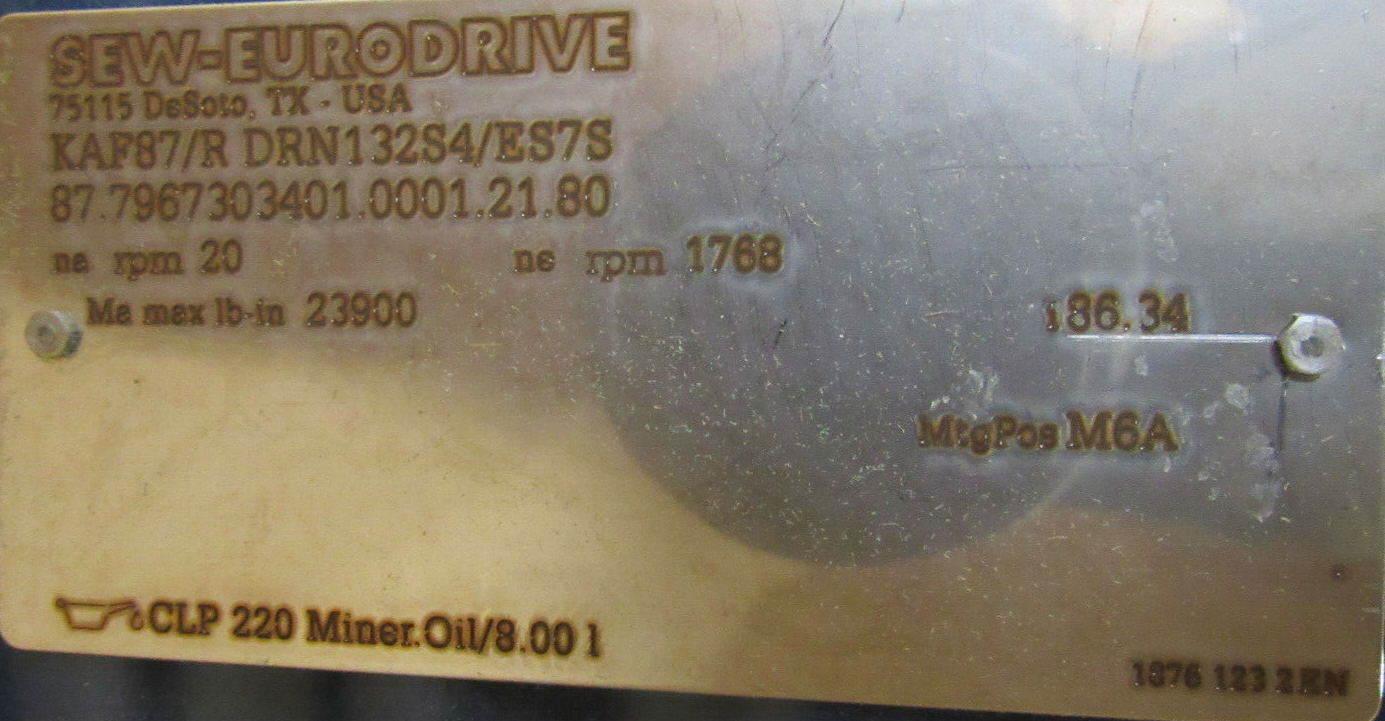 NEW SEW EURODRIVE KAF87/R DRN132S4/ES7S GEARMOTOR 7.5HP 86.35 ...