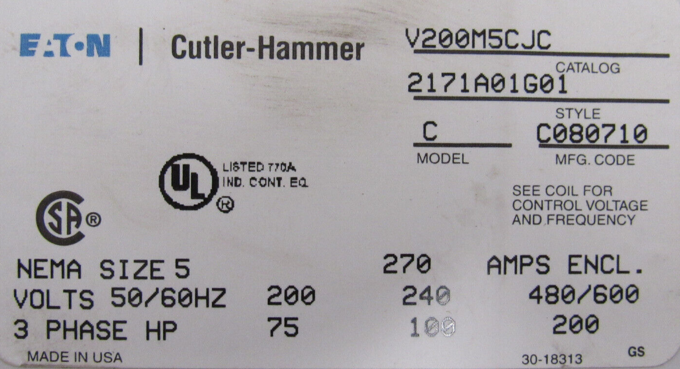 USED CUTLER HAMMER V200M5CJC VACUUM STARTER SIZE 5 - SB Industrial ...