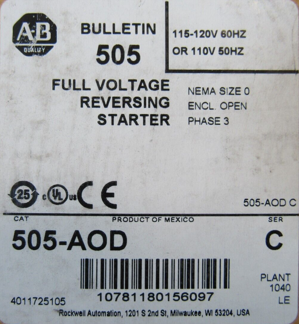 ALLEN BRADLEY 505-AOD REVERSING STARTER SIZE 0 SER.C 505AOD NEW SURPLUS ...