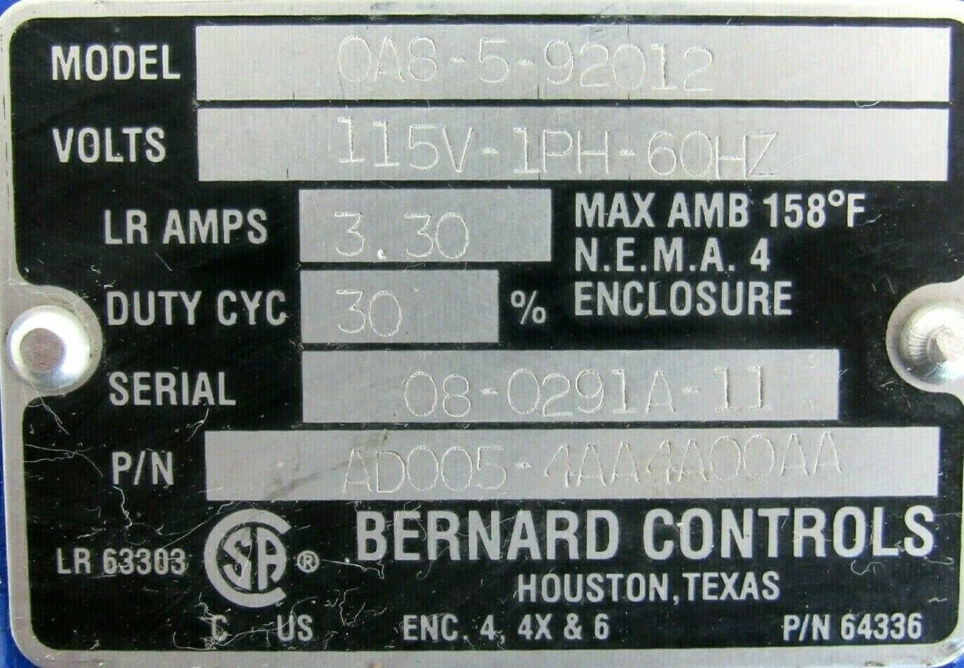 NEW BERNARD CONTROLS 0A8-5-92012 ACTUATOR VALVE 2" AD005-4AA4A00AA ...