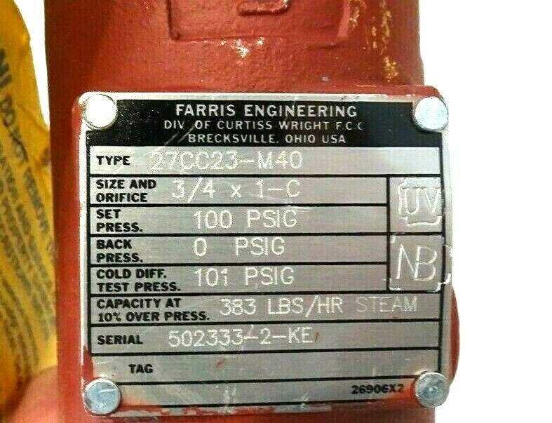 NEW FARRIS ENGINEERING 27CC23-M40 PRESSURE RELIEF VALVE 3/4 X 1-C ...
