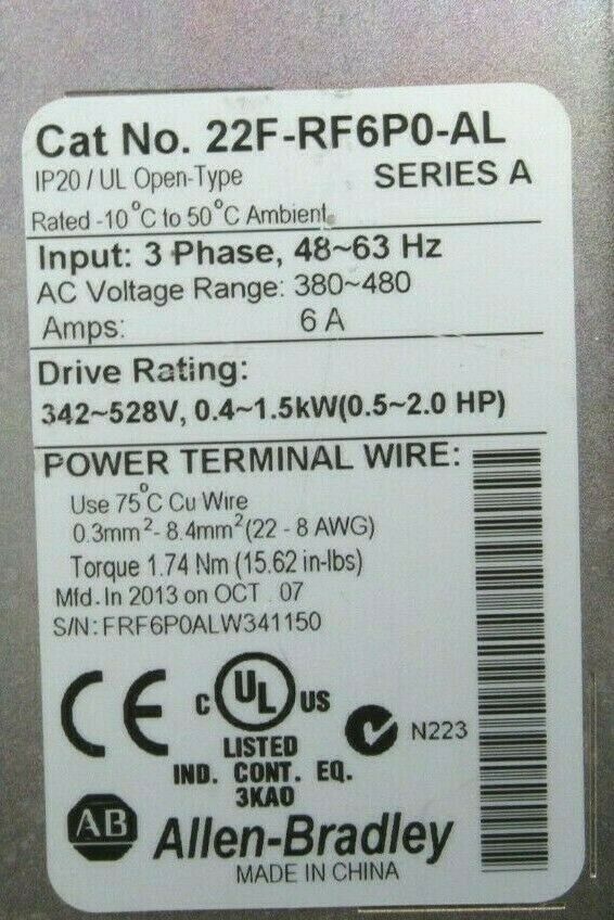 USED ALLEN BRADLEY 22F-RF6P0-AL EMC FILTER 22FRF6P0AL - SB Industrial ...