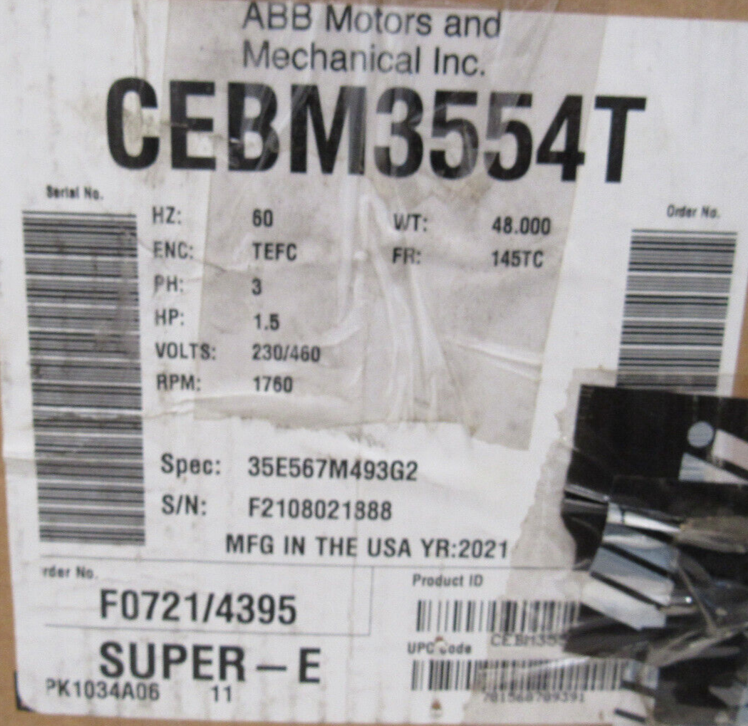 NEW BALDOR CEBM3554T BRAKE MOTOR 1.5HP 230/460V 1760RPM 145TC - SB ...