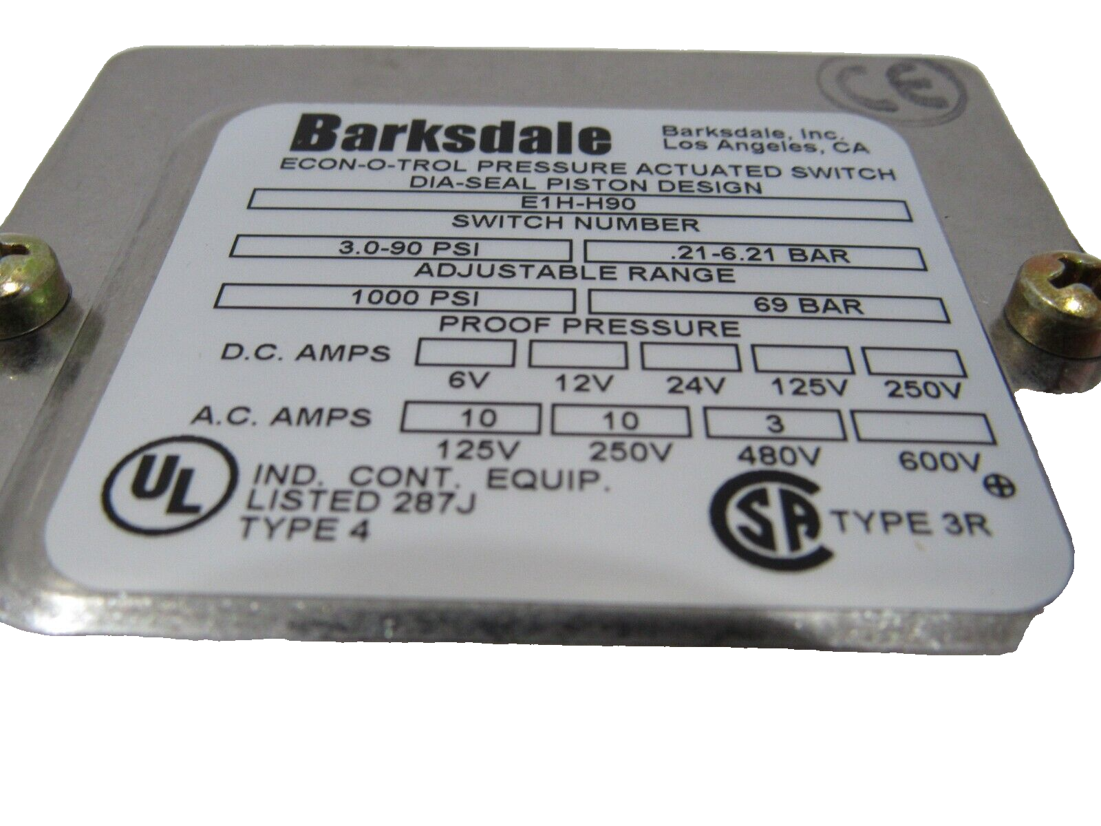 NEW BARKSDALE E1H-H90 PRESSURE ACTUATED SWITCH E1HH90 - SB Industrial ...