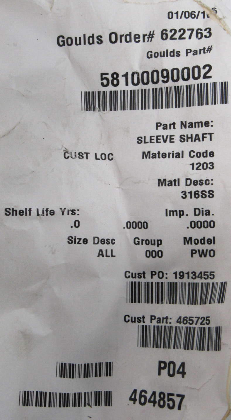 NEW GOULDS 622763 SHAFT SLEEVE 58100009002 465725 - SB Industrial ...