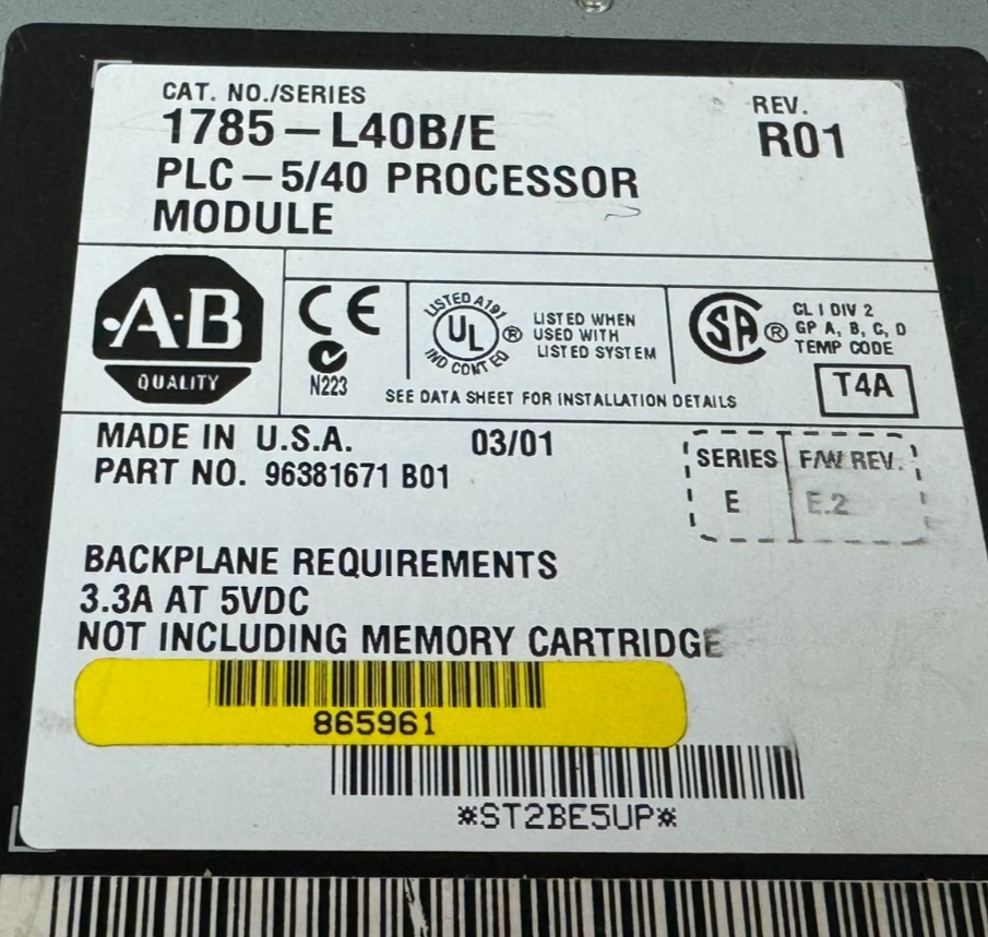 USED ALLEN BRADLEY 1785-L40B/E PROCESSOR PLC-5/40 REV. R01 1785-L40B ...