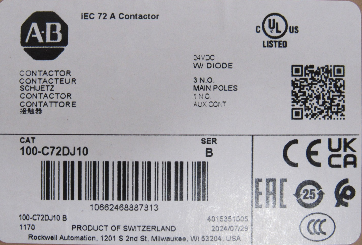 ALLEN BRADLEY 100-C72DJ10 CONTACTOR SER.B 100C72DJ10 (NEW SURPLUS) - SB ...