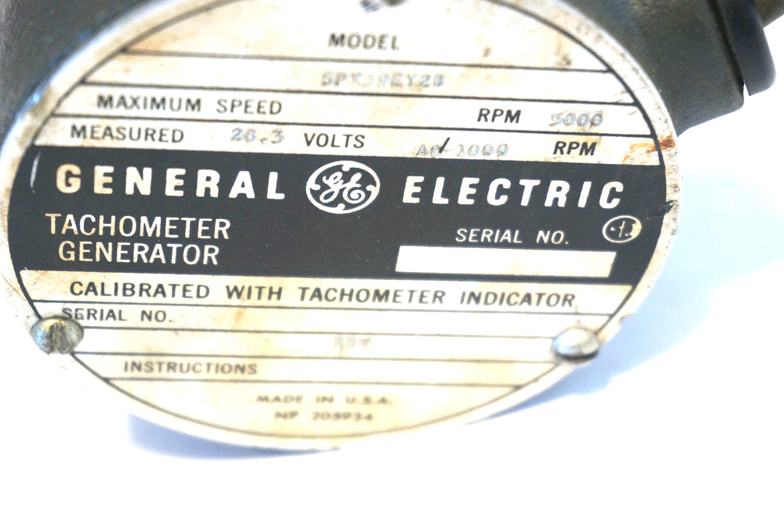 GENERAL ELECTRIC 5PY59EY-2B TACHOMETER GENERATOR 5000 RPM 5PY59EY2B ...
