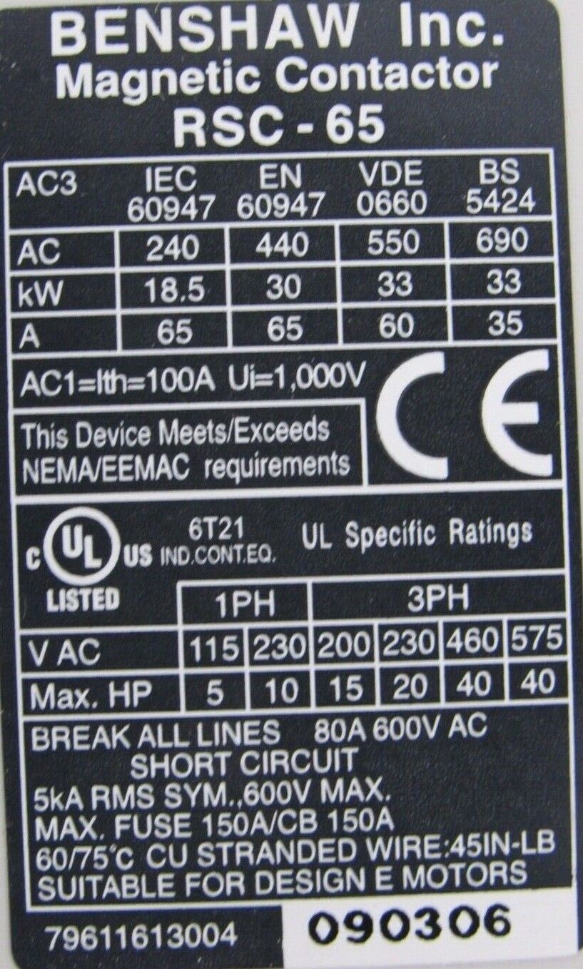 NEW BENSHAW RSC-65-6AC120 CONTACTOR RSC656AC120 - SB Industrial Supply ...