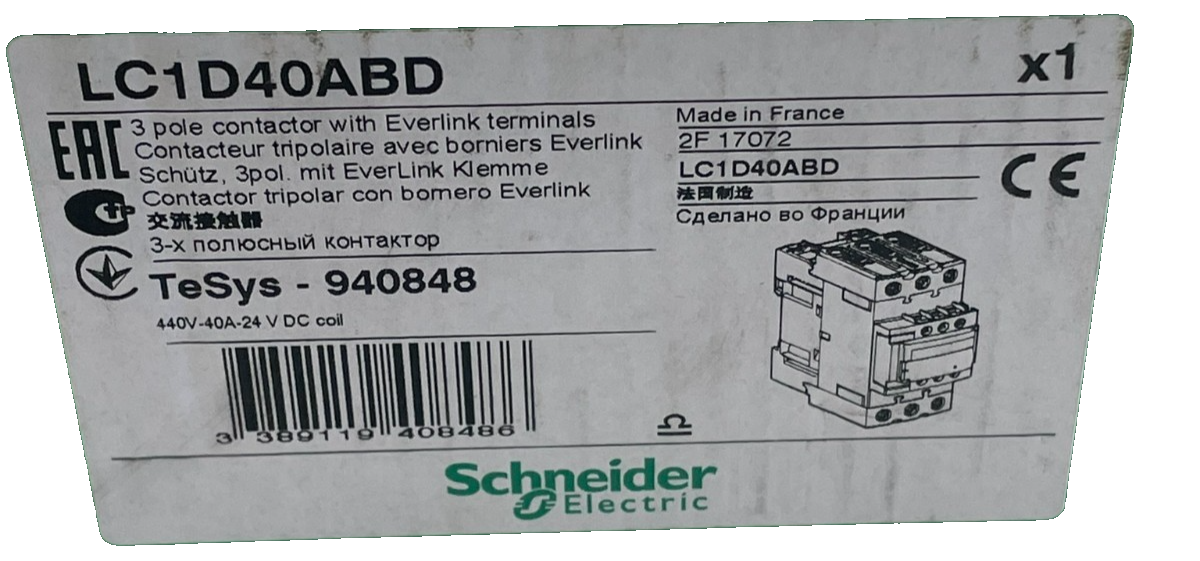 NEW SCHNEIDER ELECTRIC LC1D40ABD 3 POLE CONTACTOR - SB Industrial ...