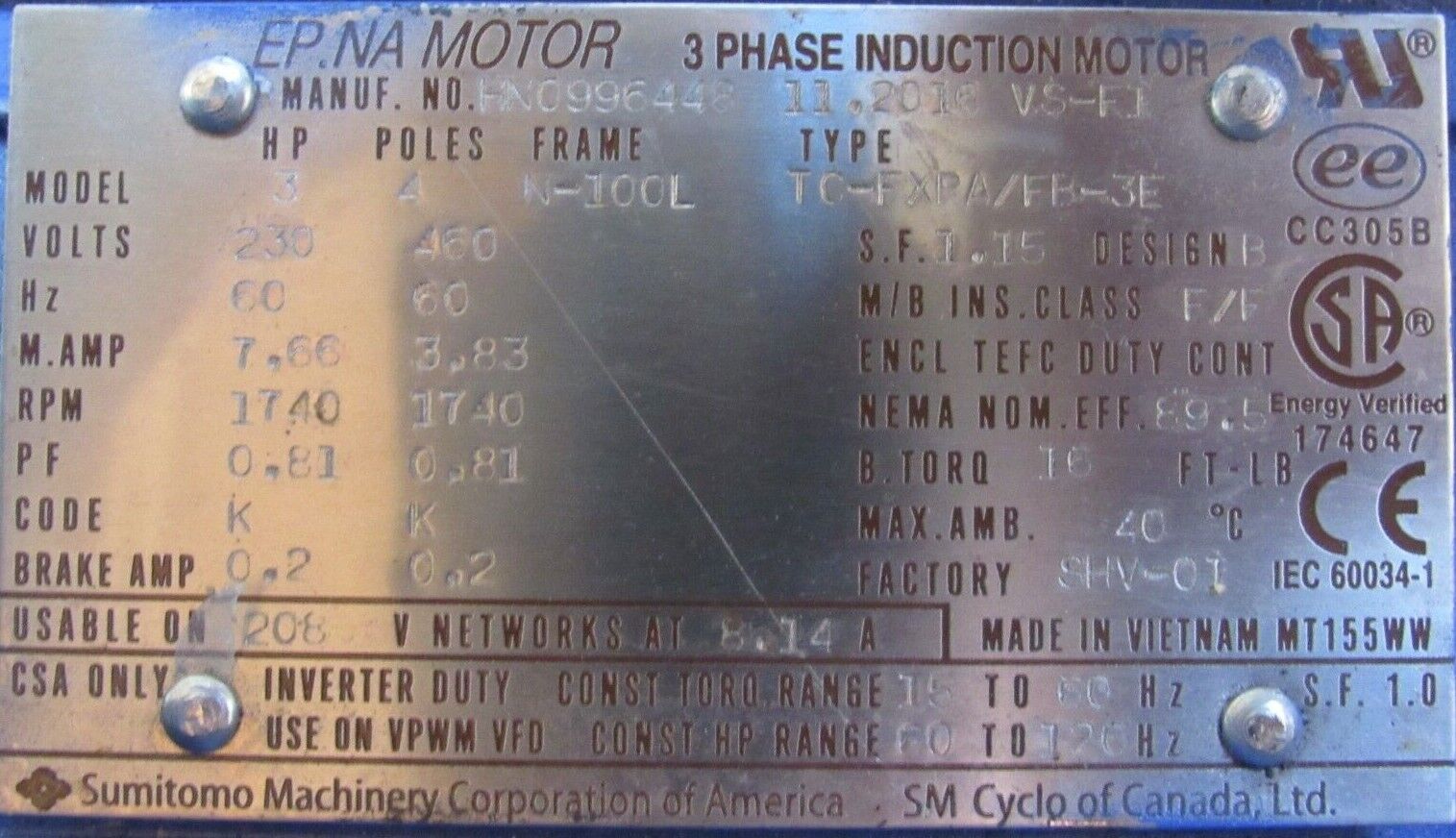NEW SUMITOMO TC-FXPA/FB-3E GEAR MOTOR 3HP 230/460V AVAJ2002720 ...