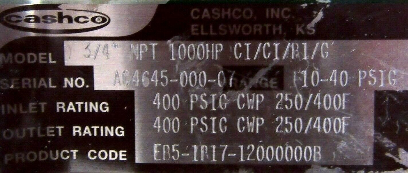 NEW CASHCO 1000HP PRESSURE VALVE 3/4" NPT 1000HP-CI/CI/P1/G EB5-1B17 ...