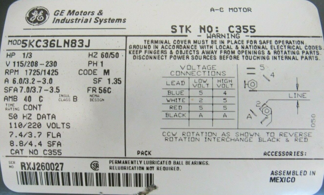 NEW GENERAL ELECTRIC 5KC36LN83J MOTOR 1/3HP 115/208-230V 1725RPM C355 5 ...