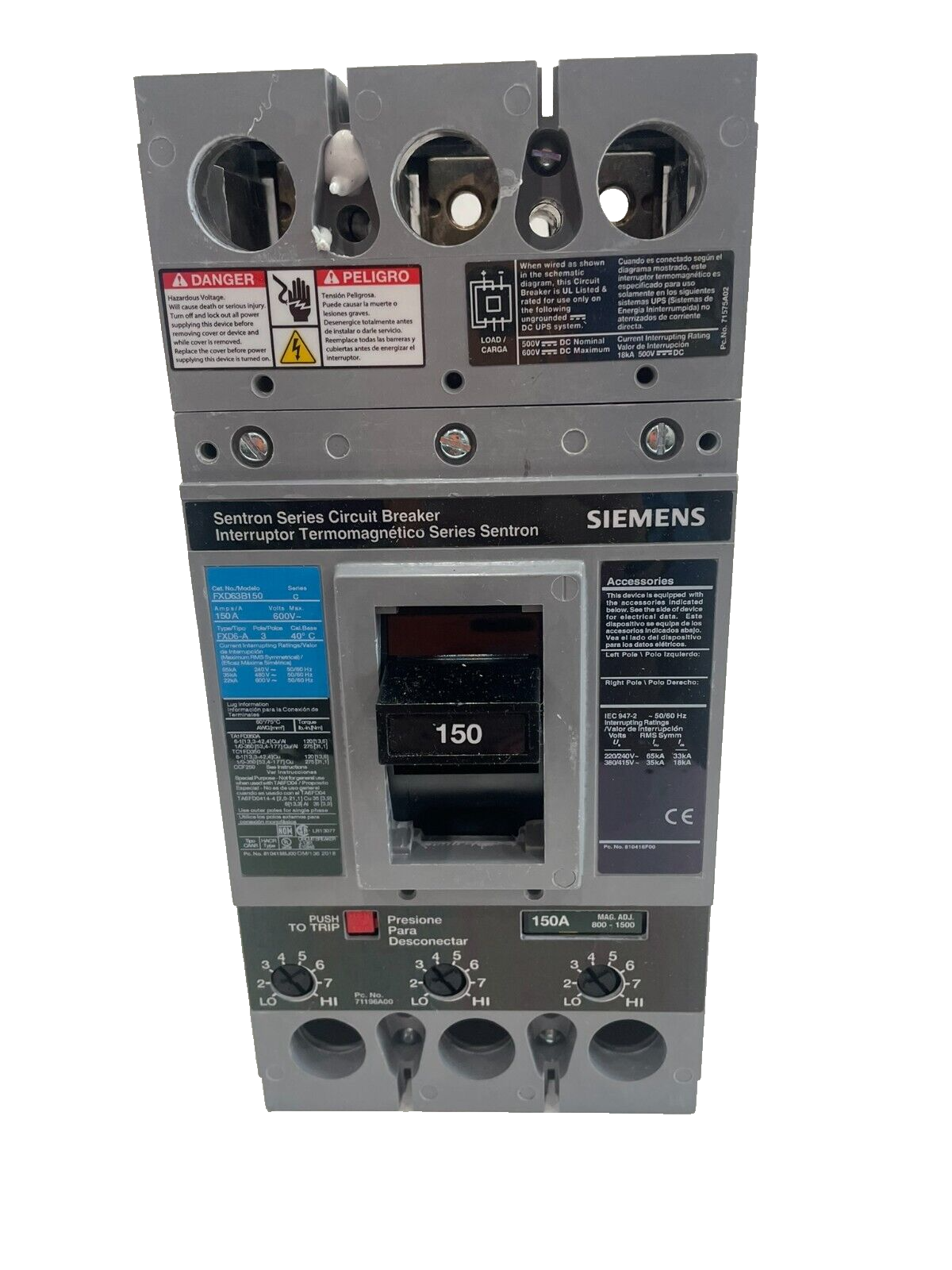 NEW SIEMENS FXD63B150 CIRCUIT BREAKER 150A 600V 3 POLE SER. C - SB ...